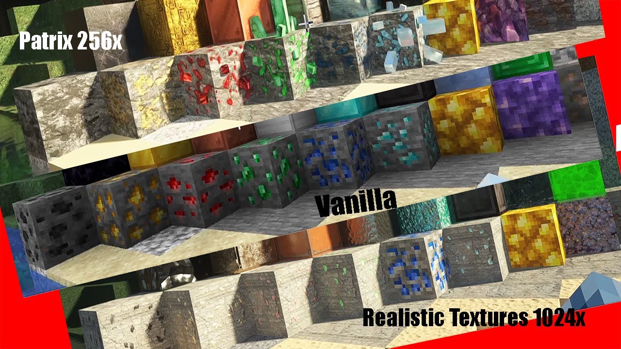 Minecraft Max resolution Patrix vs Realistic Textures vs Vanilla (Block ...