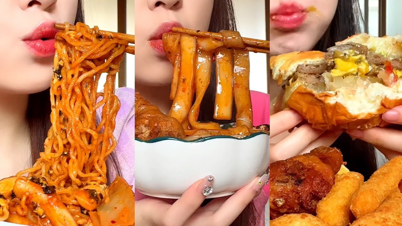 Niuniu eats ramen fried rice cake, juice wide powder, beef burger#food ...