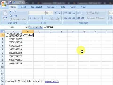 how to add 91 before number in excel - YouTube
