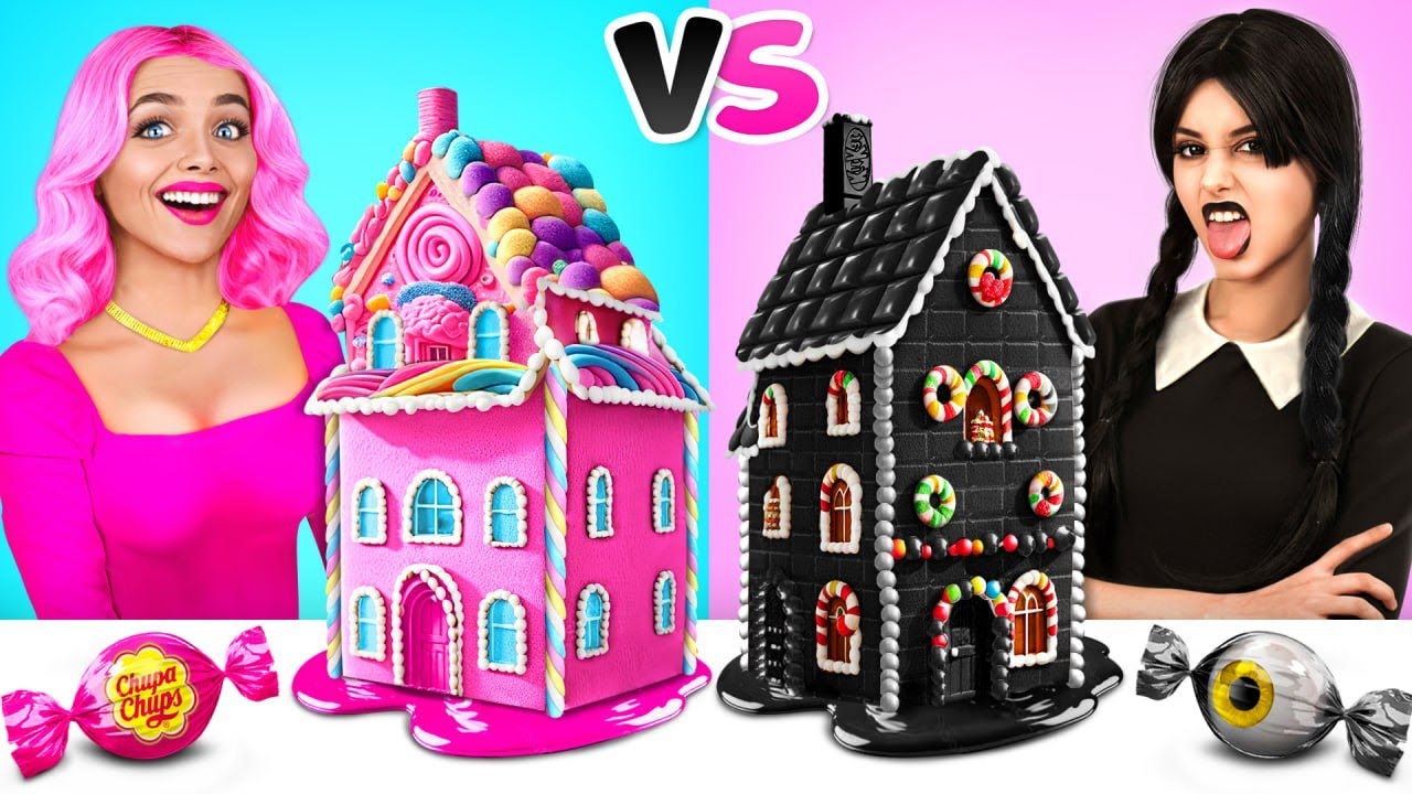 Pink vs Black Food Challenge | One Color Food Battle with Wednesday ...