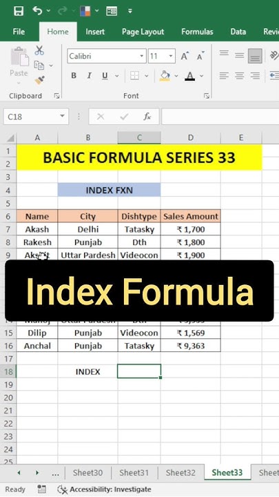 Excel Index Formula | Advance Excel Formulas | MS-EXCEL Index formula | Computer with Vishal ...