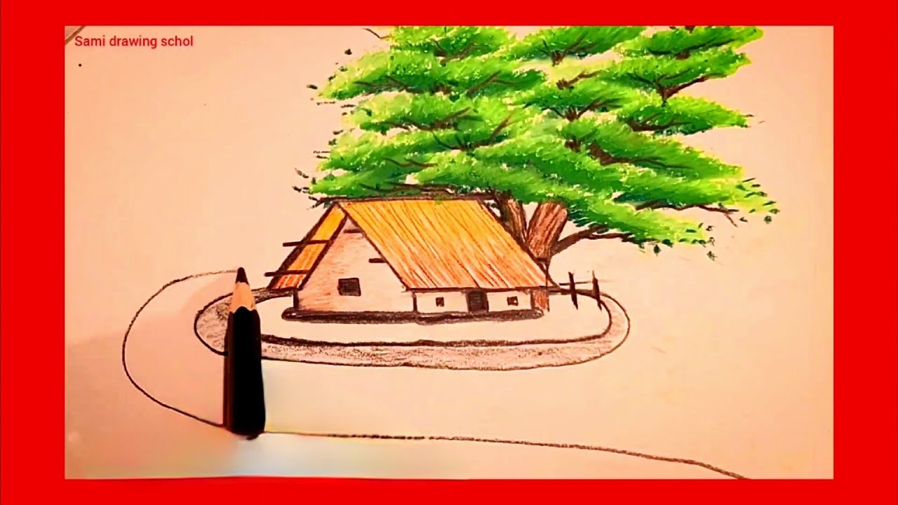 Draw a beautiful house under the tree || easy and beautiful scenery ...