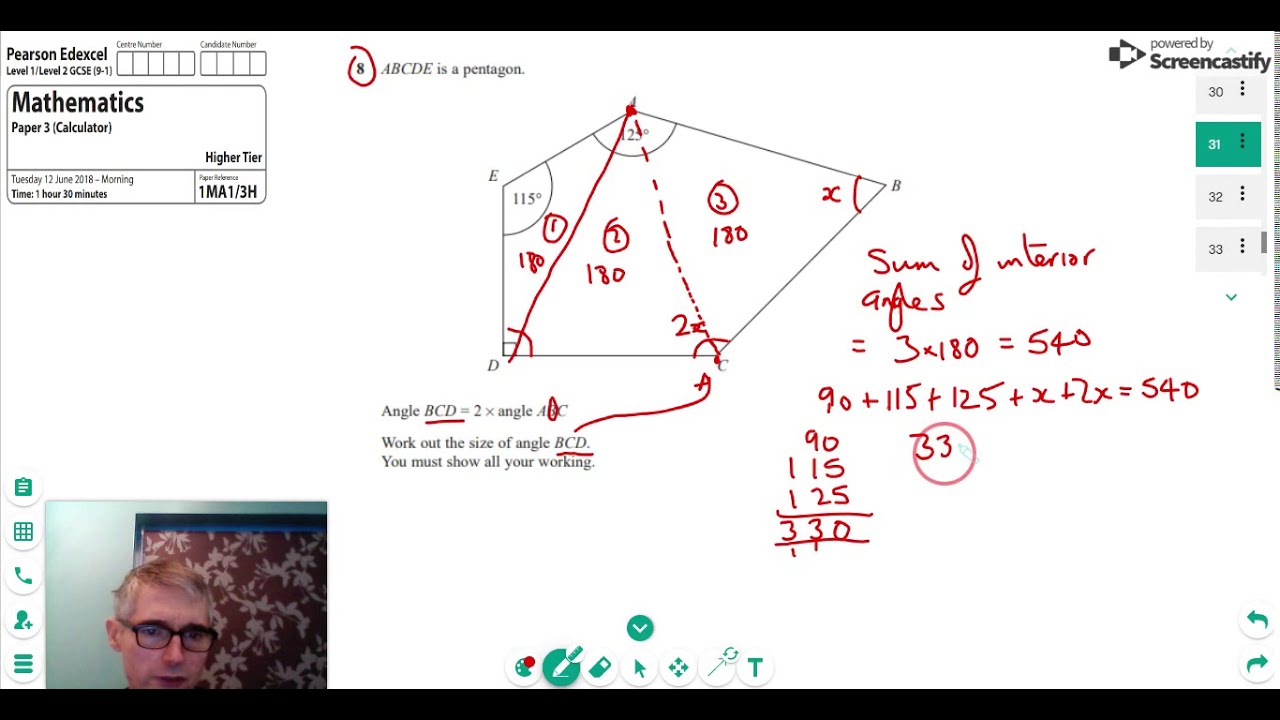 8 Angles in a polygon, Edexcel June 2018 GCSE Maths Higher Tier Paper 3 ...