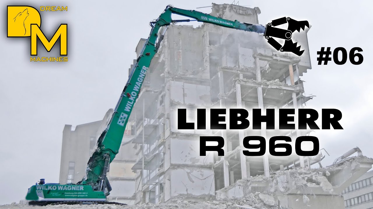 LIEBHERR R960 high reach DEMOLITION EXCAVATOR tearing down large office ...