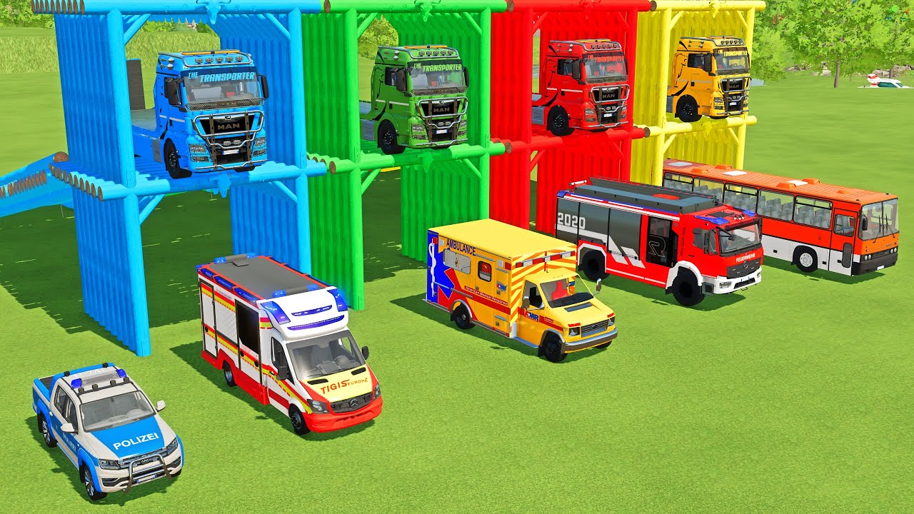 TRANSPORTING FIRE DEPARTEMENT, BUS, FIRE TRUCK, POLICE CAR WITH CARRIER ...