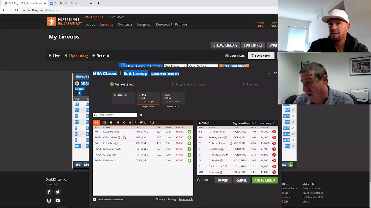 Draftkings NBA Lineup Build 11/21/19 with Sheets and BobbyFi - YouTube