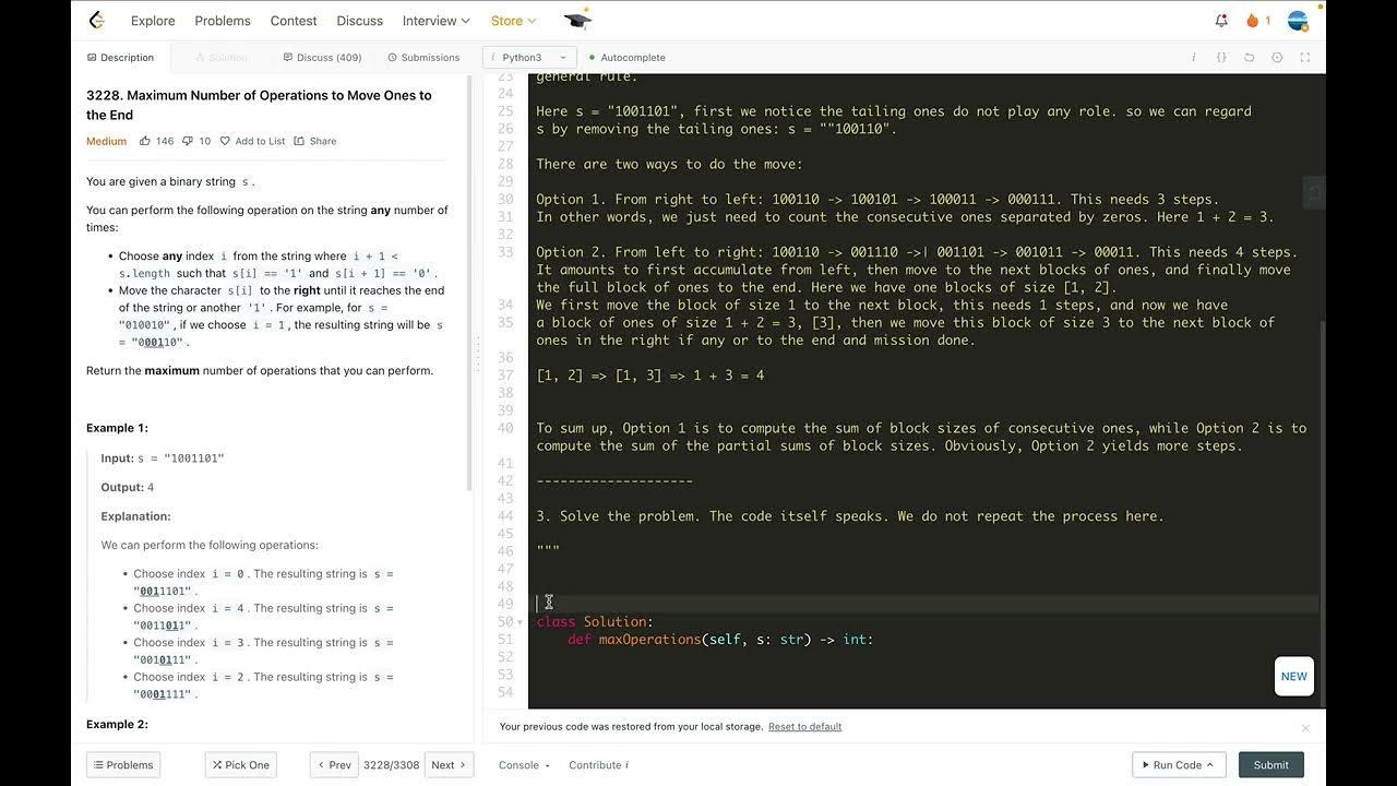 3228 Maximum Number of Operations to Move Ones to the End sum of partial sums - YouTube