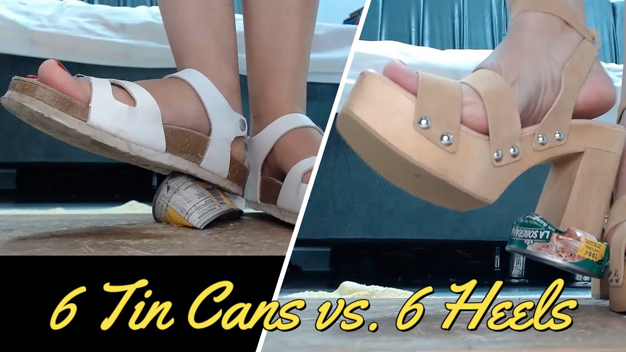 Crushing 6 cans in 6 different highheel sandals - YouTube