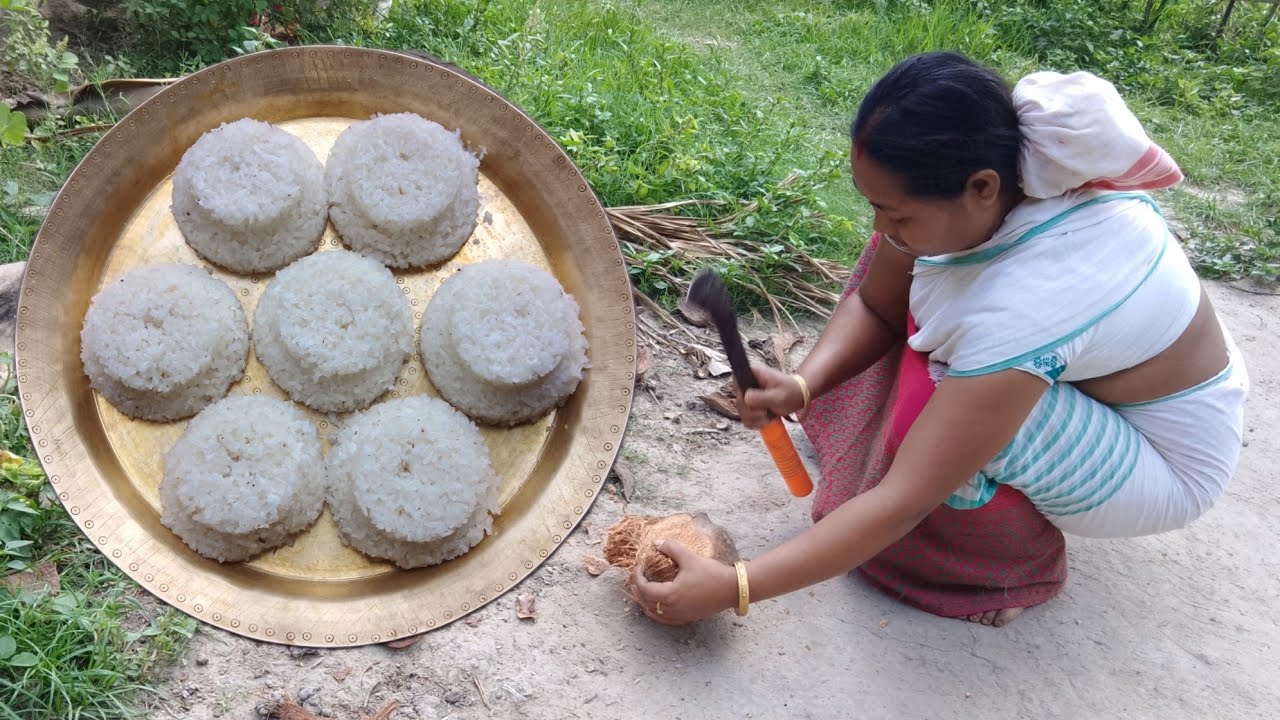 Bora rice cake with coconut/village life style in Assam - YouTube