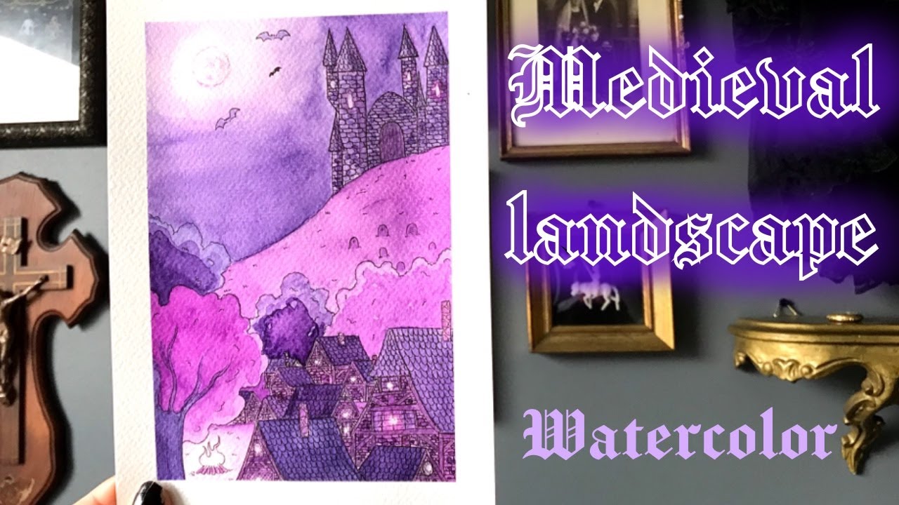Spooky purple medieval scenery watercolor - Paint with me ! - YouTube