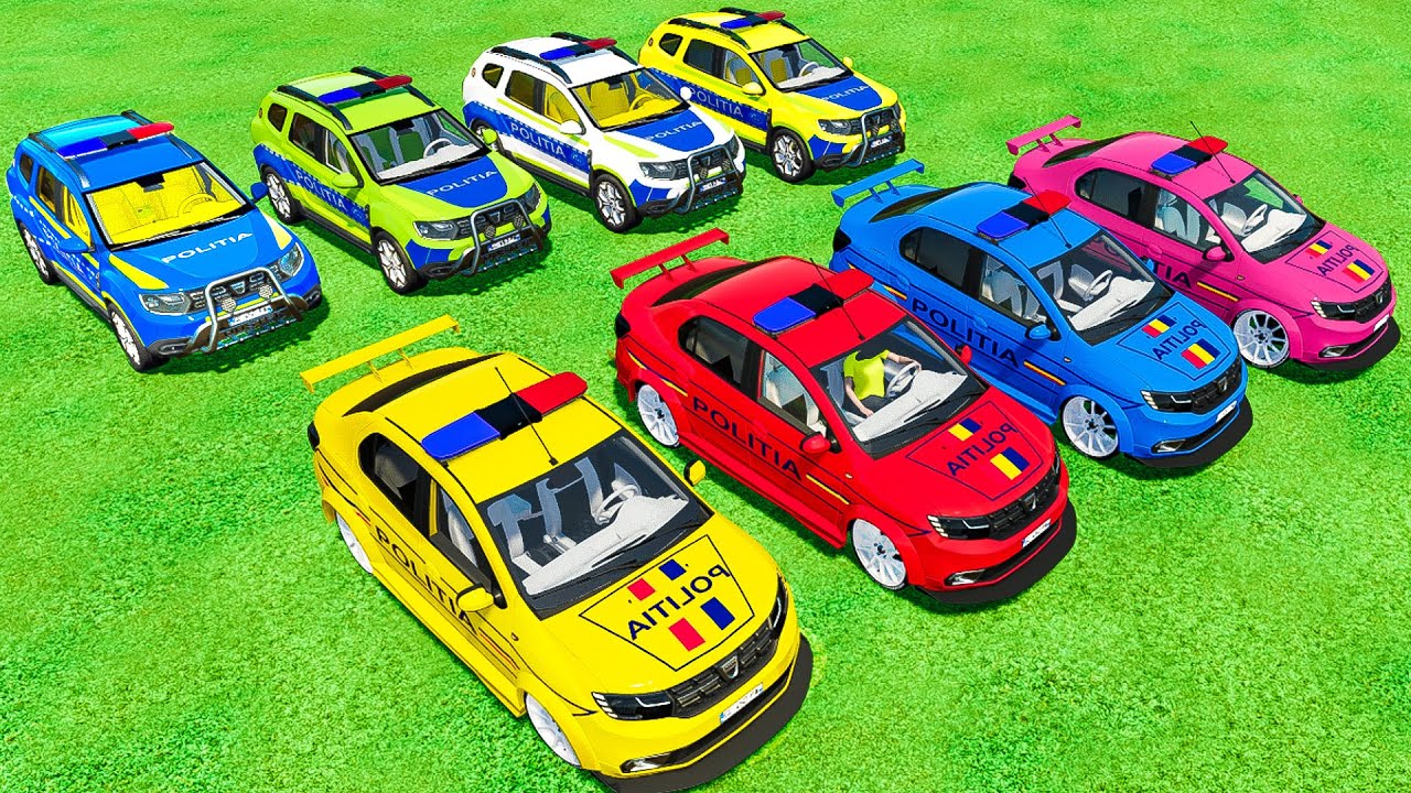 POLICE CARS OF COLORS ! TRANSPORTING COLORED DACIA POLICE CARS WITH ...