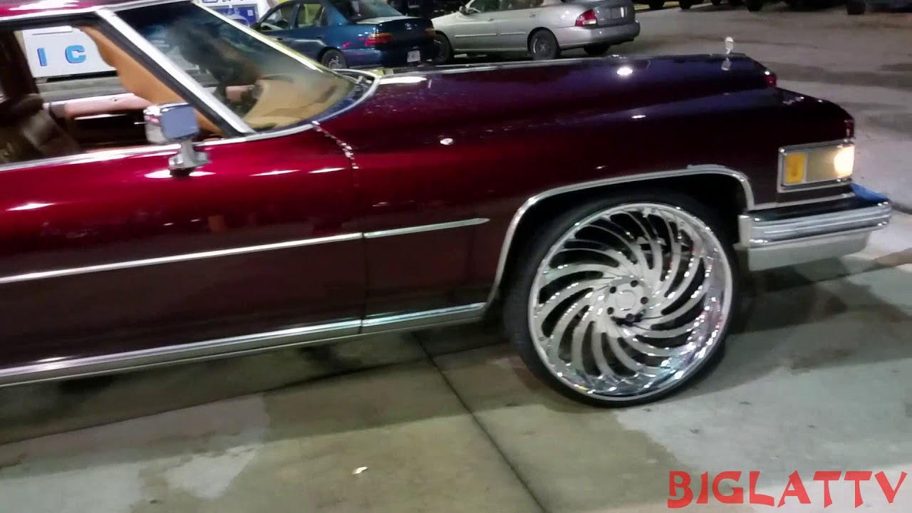 Cadillac Coupe DeVille candy red on 26s dub wheels - YouTube