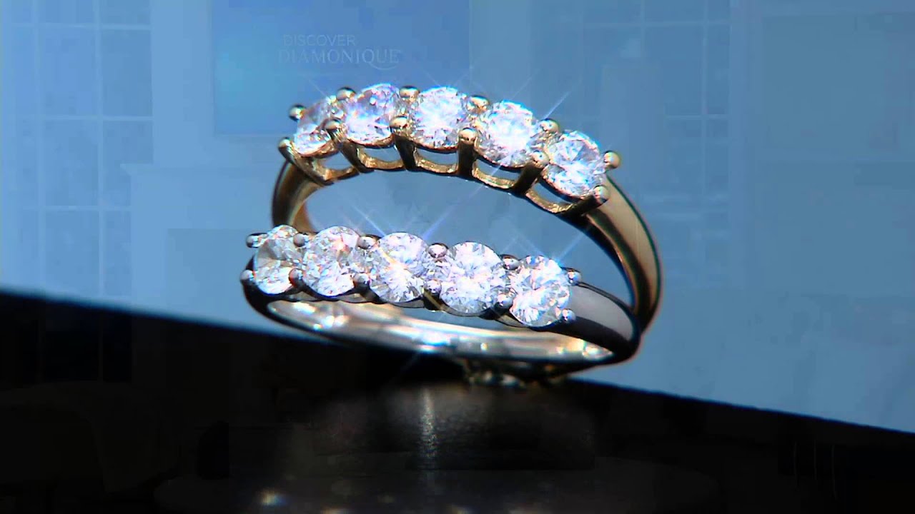 Diamonique 5-Stone Band Ring, 14K Gold on QVC - YouTube