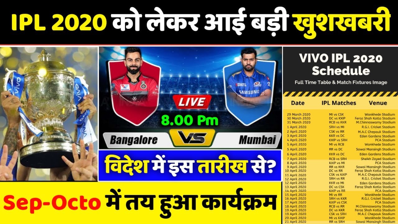 IPL 2020 : Biggest Good News For Vivo IPL 2020 | IPL 2020 Starting Date ...