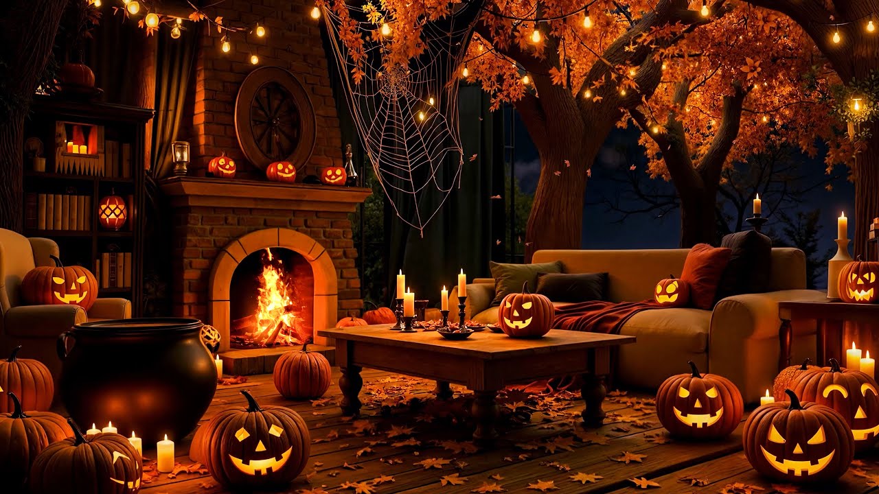 Spooky Halloween Cabin with Falling Leaves 🎃 Smooth Autumn Jazz ...