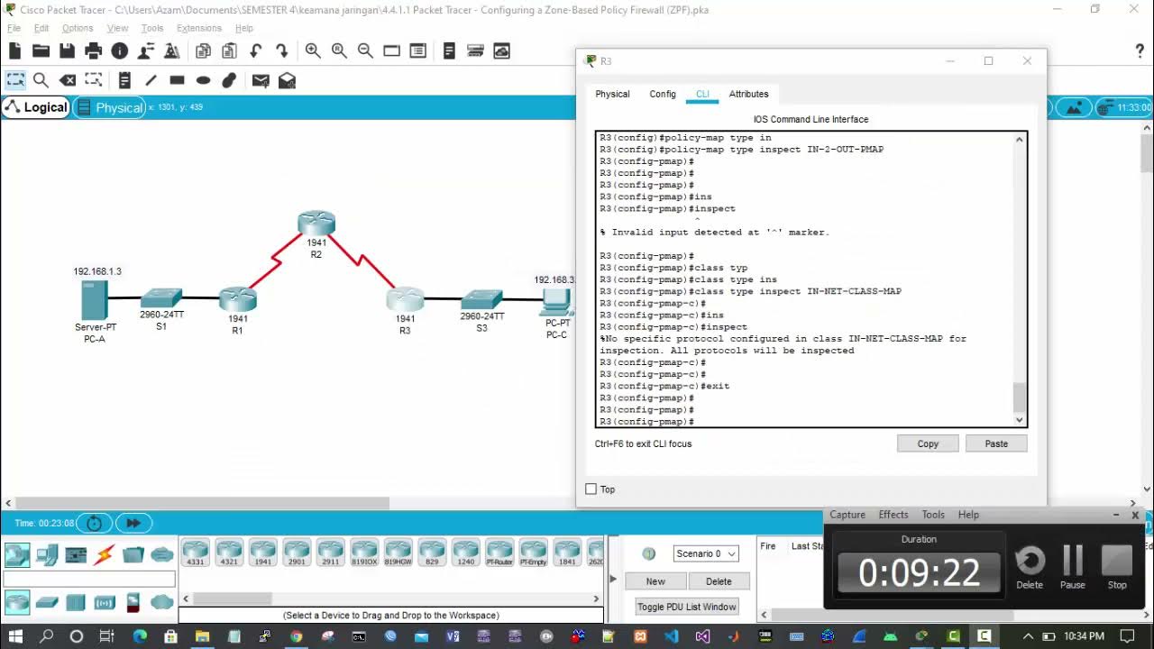 4.4.1.1 Packet Tracer - Configuring a Zone-Based Policy Firewall (ZPF ...