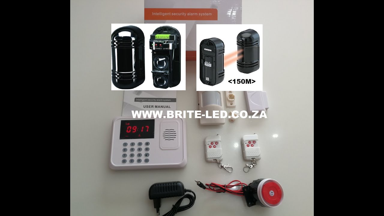 Wired 150m outdoor IR beams linked to wireless alarm system - YouTube
