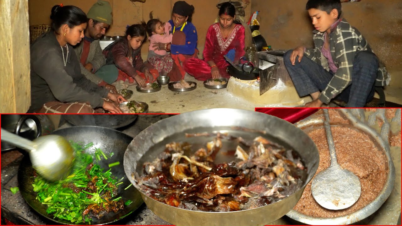 buff meat curry & Marshi rice in the village || dharme family || Rural ...