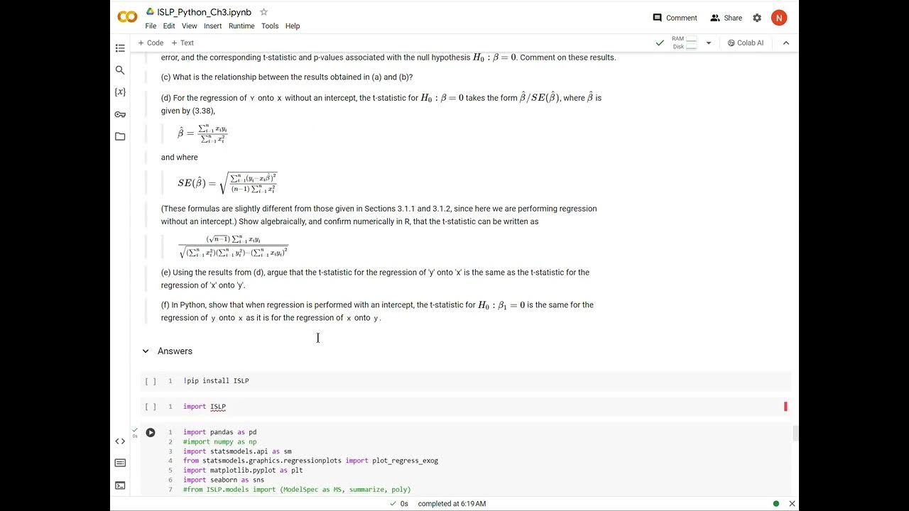 Intro to Statistical Learning (2nd Ed), Solution to Problem 3.11A (Py) | Exploring t-stat - YouTube