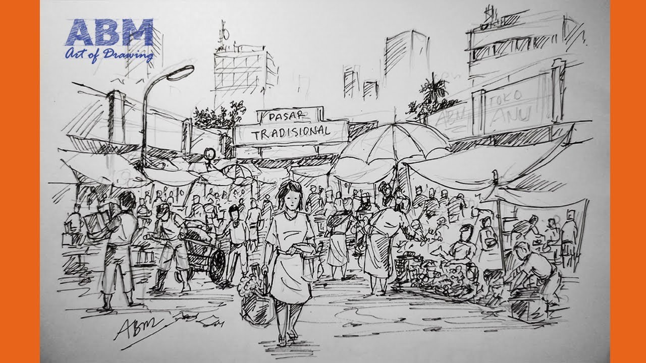 MENGGAMBAR PASAR YANG MUDAH - How to draw a traditional market - YouTube