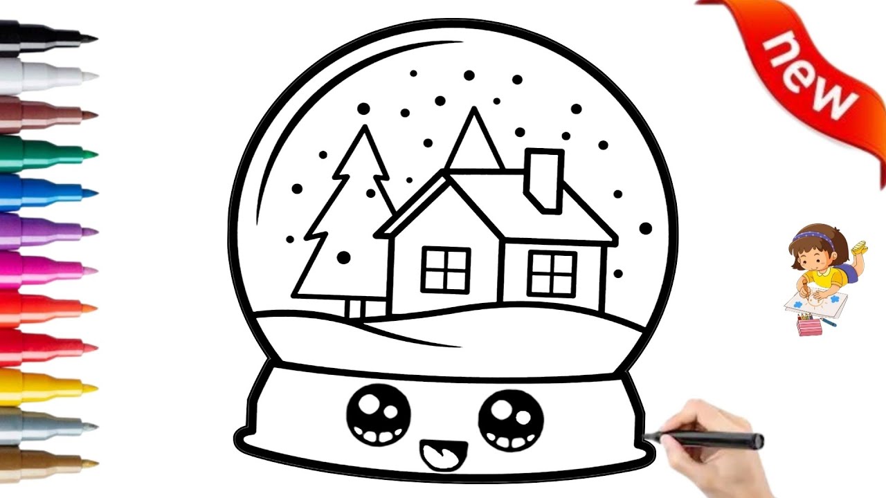 how to draw a cute Christmas snow globe / Christmas snow globe drawing ...