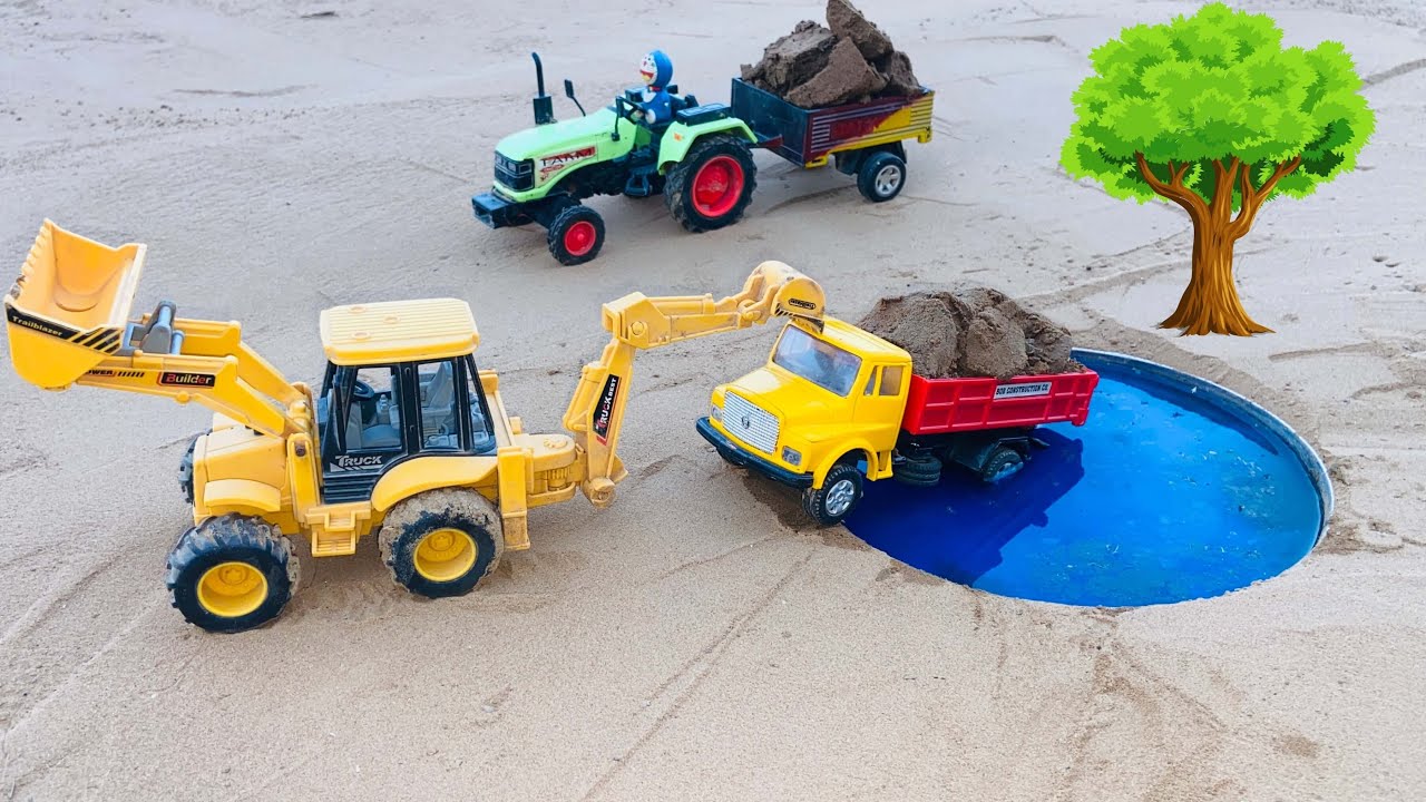 Toy JCB 3DX Backhoe pulling out Tata Dumper Truck stuck in the pit ...