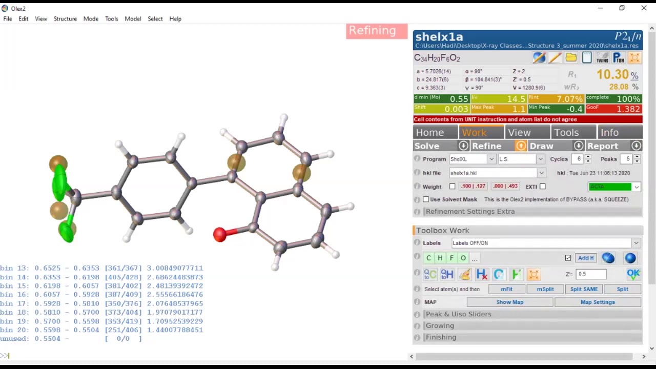 Structure solution of in-class structure #3 using OLEX 2 1.3 - YouTube