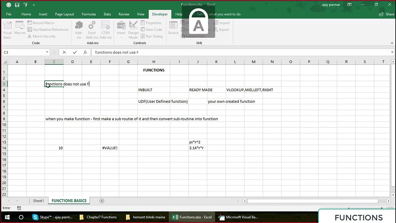 Vba Functions Lecture1 Chapter7 Hindi Language Youtube 8682