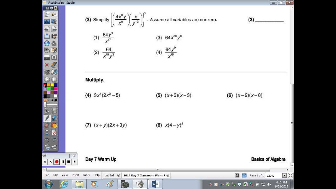 Algebra 2 Day 7 Warm Up - Basics of Algebra - YouTube