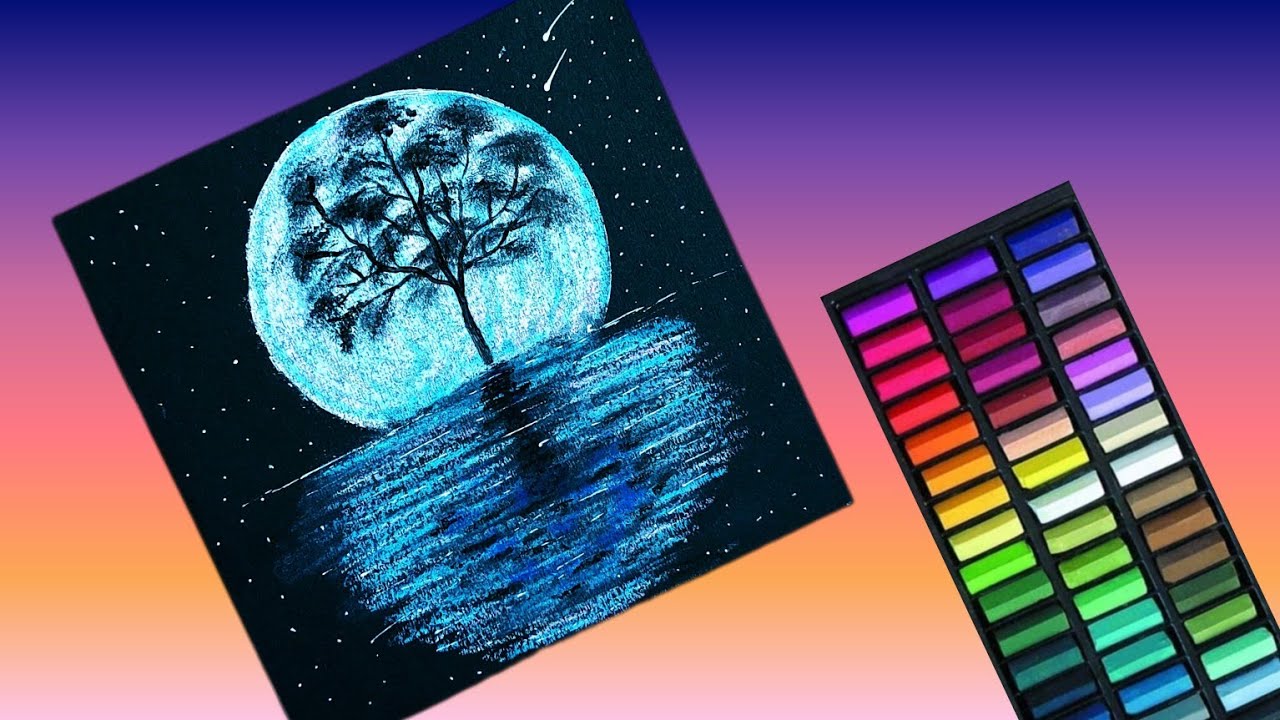 Moonlight drawing : Easy Moonlight scenery drawing with oil pastel for ...