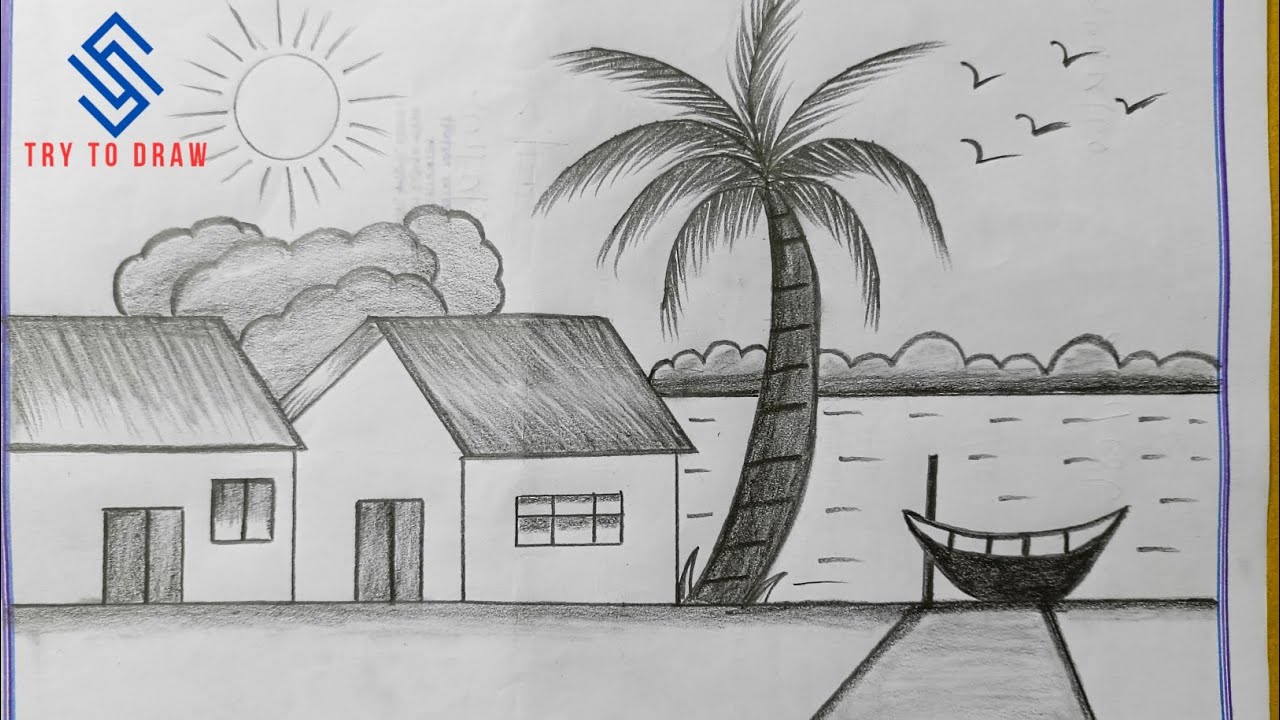 Very Easy Village Scenery Drawing /Scenery Drawing With Pencil Sketch ...