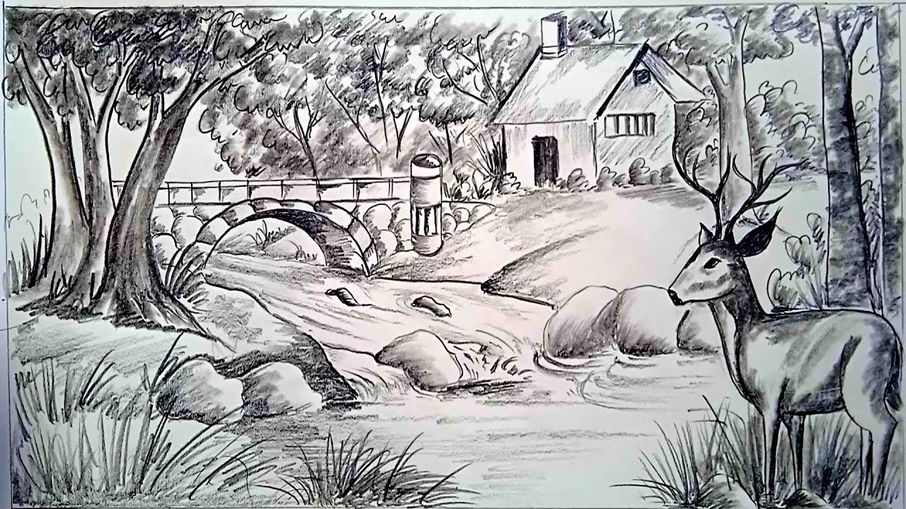 Village Landscape Scenery Drawing | Easy Scenery Draw For Beginners ...