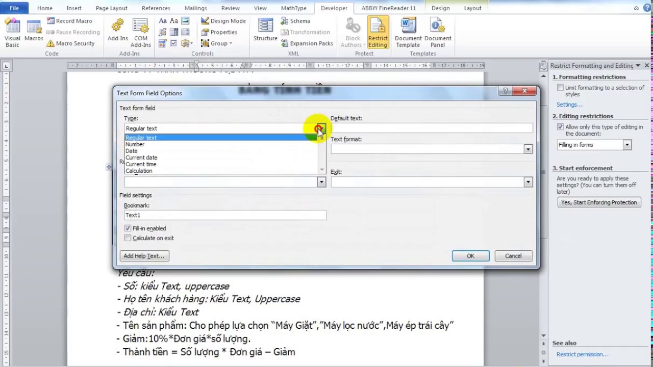 Cách tạo form đơn giản trong word và cách tính toán trong form - YouTube