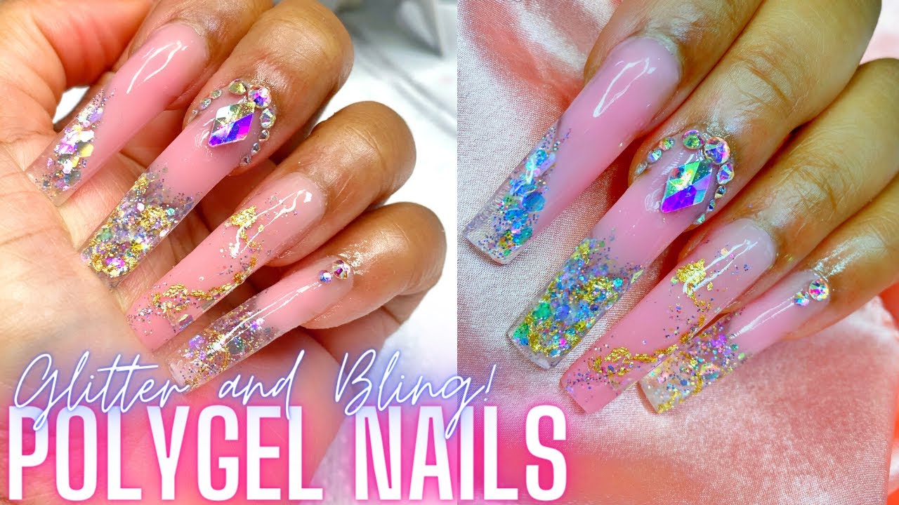 MY 1ST POLYGEL SET! GLITTER NAILS AND BLING NAIL TUTORIAL - YouTube