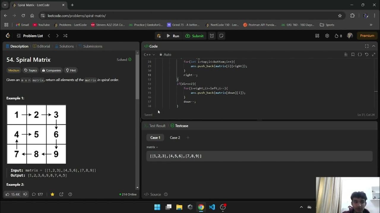 Day - 9/15, Ques-18 Spiral Matrix. Solving leetcode until I get a job - YouTube