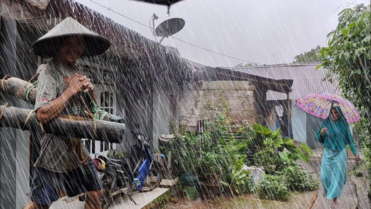 Walking in heavy rain and strong winds very cold, heavy rain thunder ...
