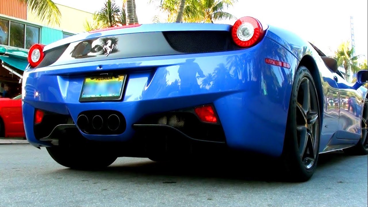 Blue Ferrari 458 Italia driving and mild revving on Ocean Drive in ...