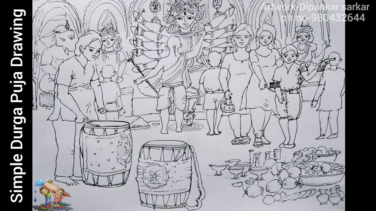 How to draw durga puja scenery, simple durga puja drawing,durga puja ...