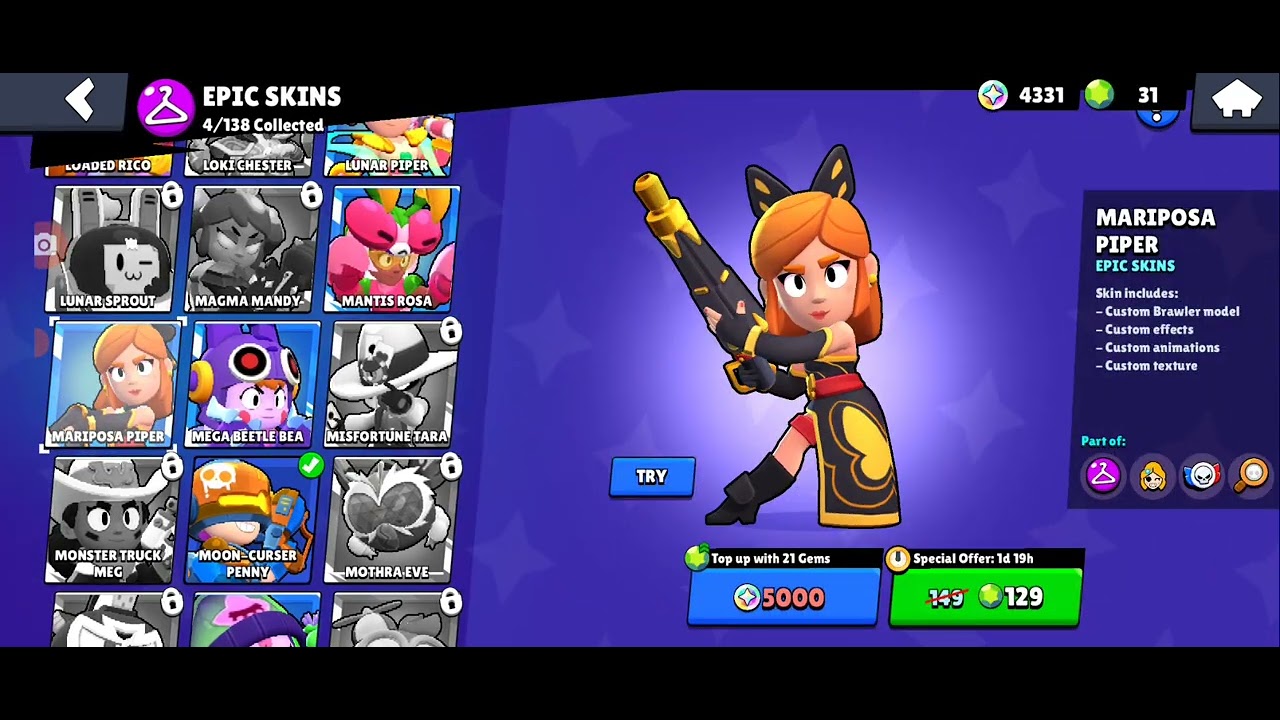 Am cumpărat skin-ul Mariposa Piper pe contul al treilea! | Brawl Stars ...
