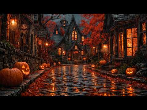 Cozy Pumpkin Village on a Peaceful Rainy Autumn Night🍂Gothic Halloween Ambience | Dark Academia