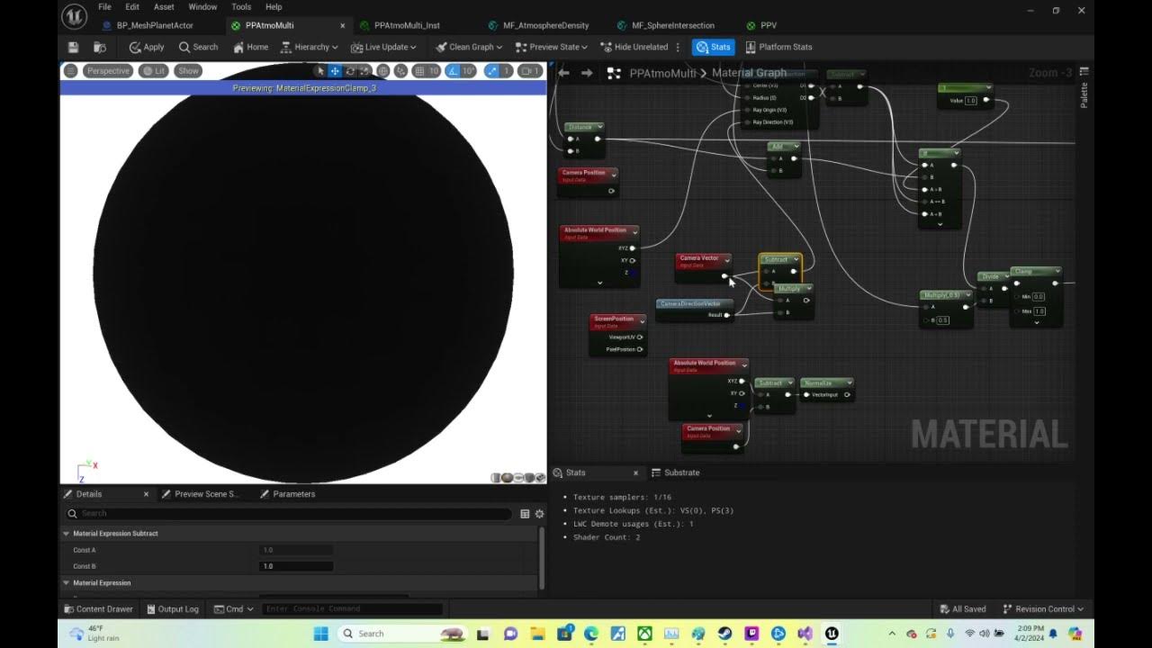 UE5 - Working on finishing post process atmosphere shader mk3, working on optical depth and ...