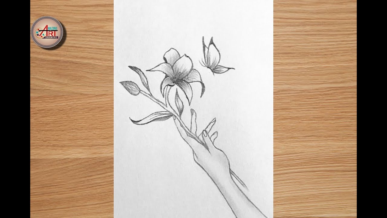 How to draw a hand with flower | Step by step drawing | Pencil Sketch ...