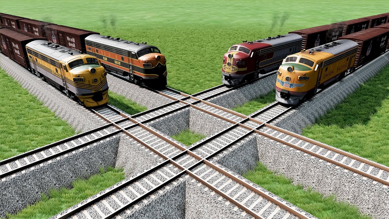 Four Trains Crossing Overlapping Crossover Rail Tracks - BeamNG.Drive ...