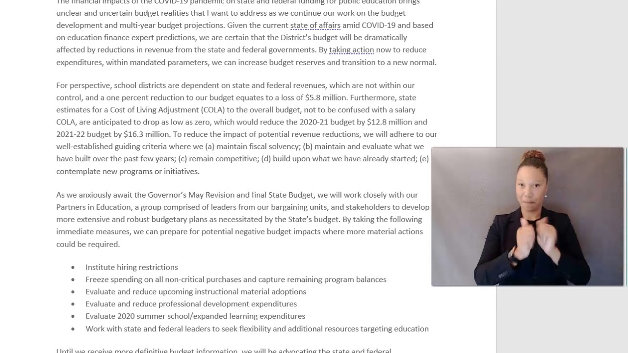 Superintendent Message on Budget Update - April 29 2020 (American Sign ...