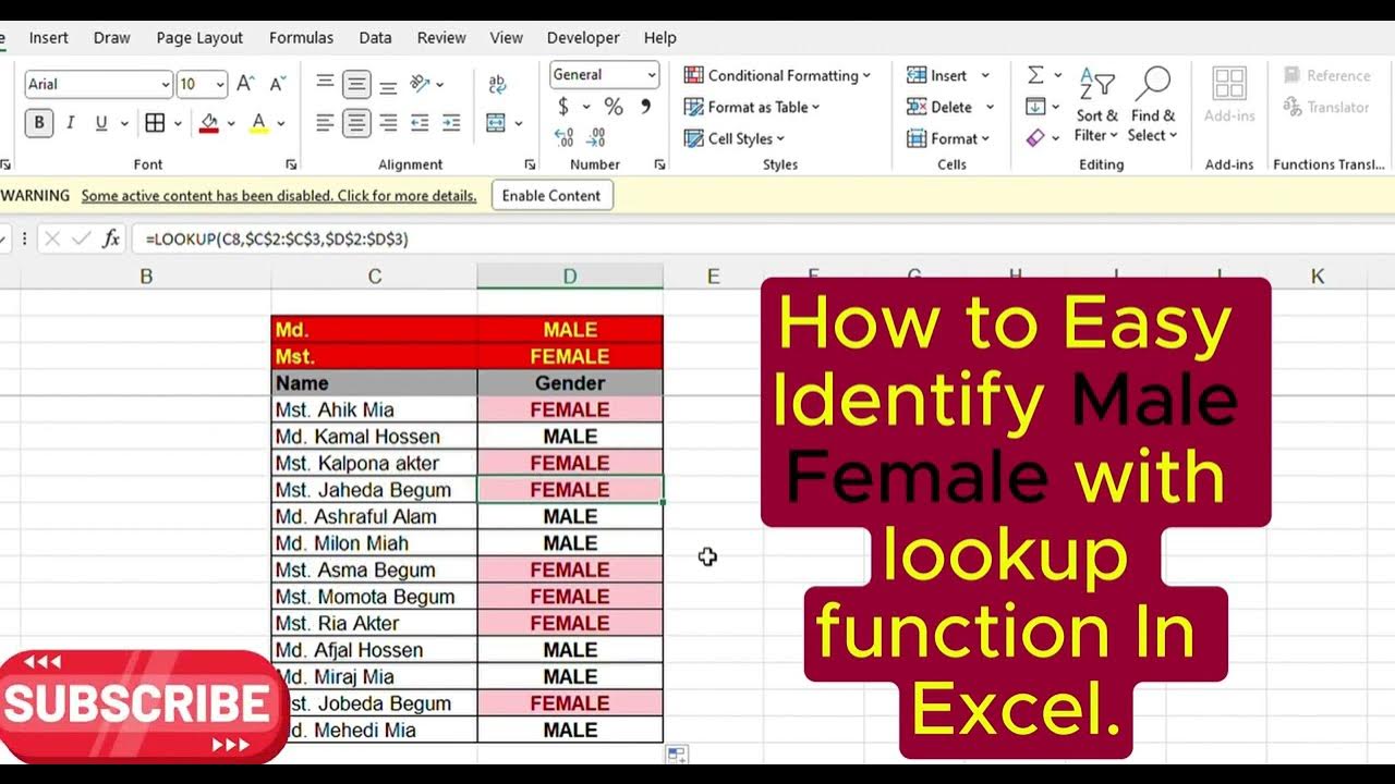 How to Easy Identify Male & Female with lookup function In Excel - YouTube