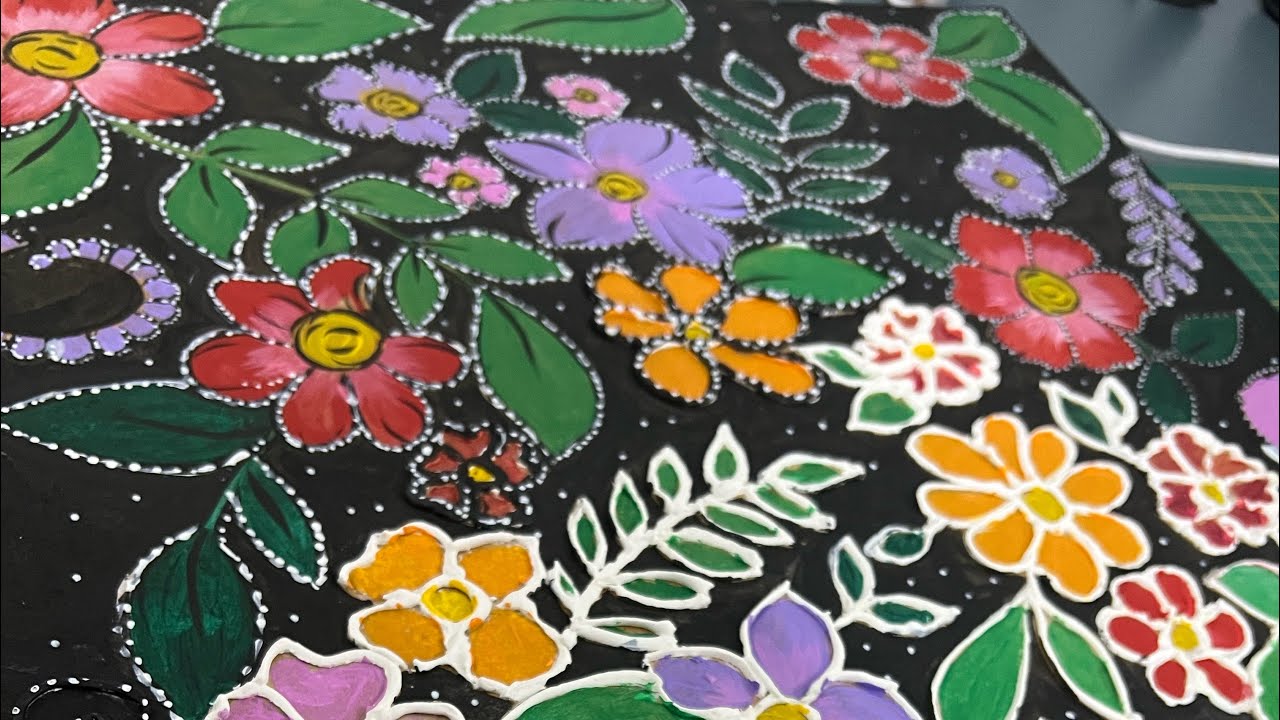 2.5D flowers painting with joint compound and water colours ...