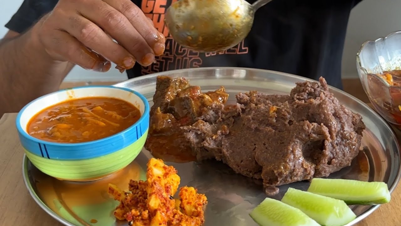 Kodo ko Dhido with Buff Curry Rice | Spicy Mula ko Achar | Eating ...