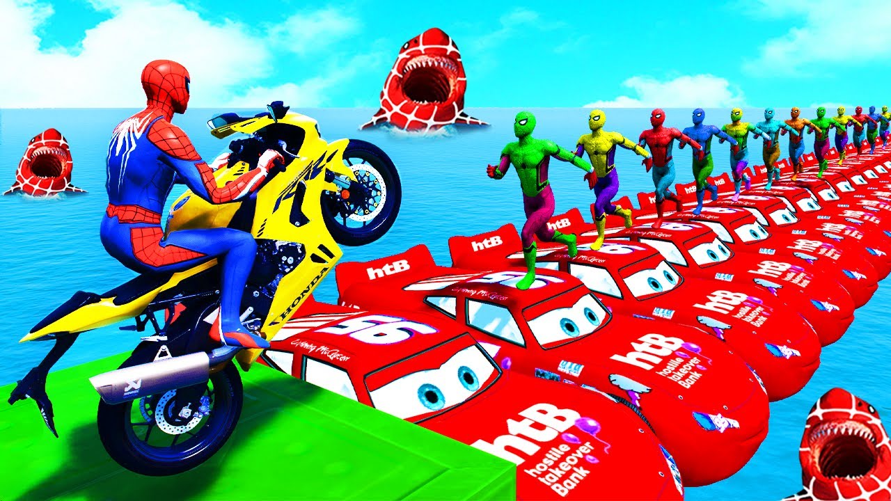 🏍️ RAINBOW SPIDER MAN! on Motorcycle in Spiral Bridge 🏍️ Superheroes on ...