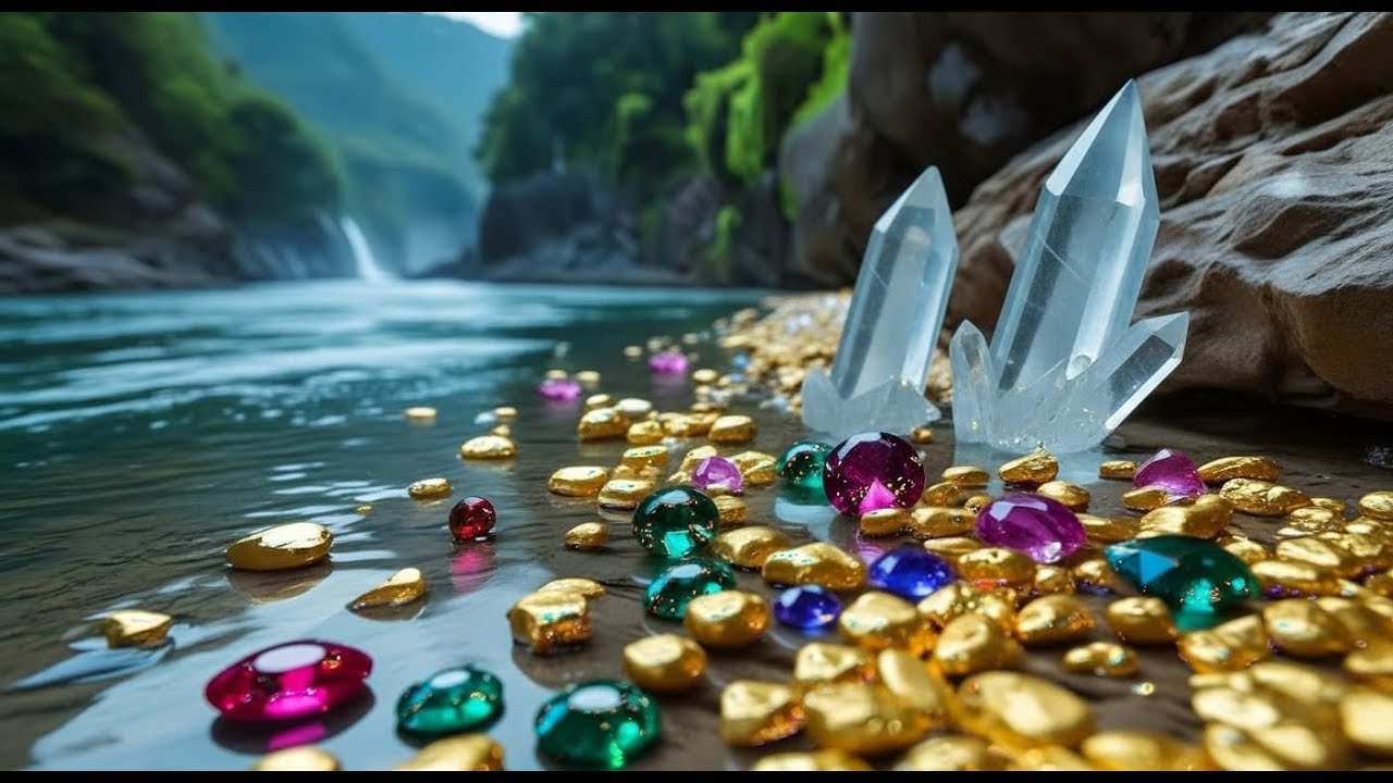 discovery of gold status and gold nuggets, gemstone at river side ...
