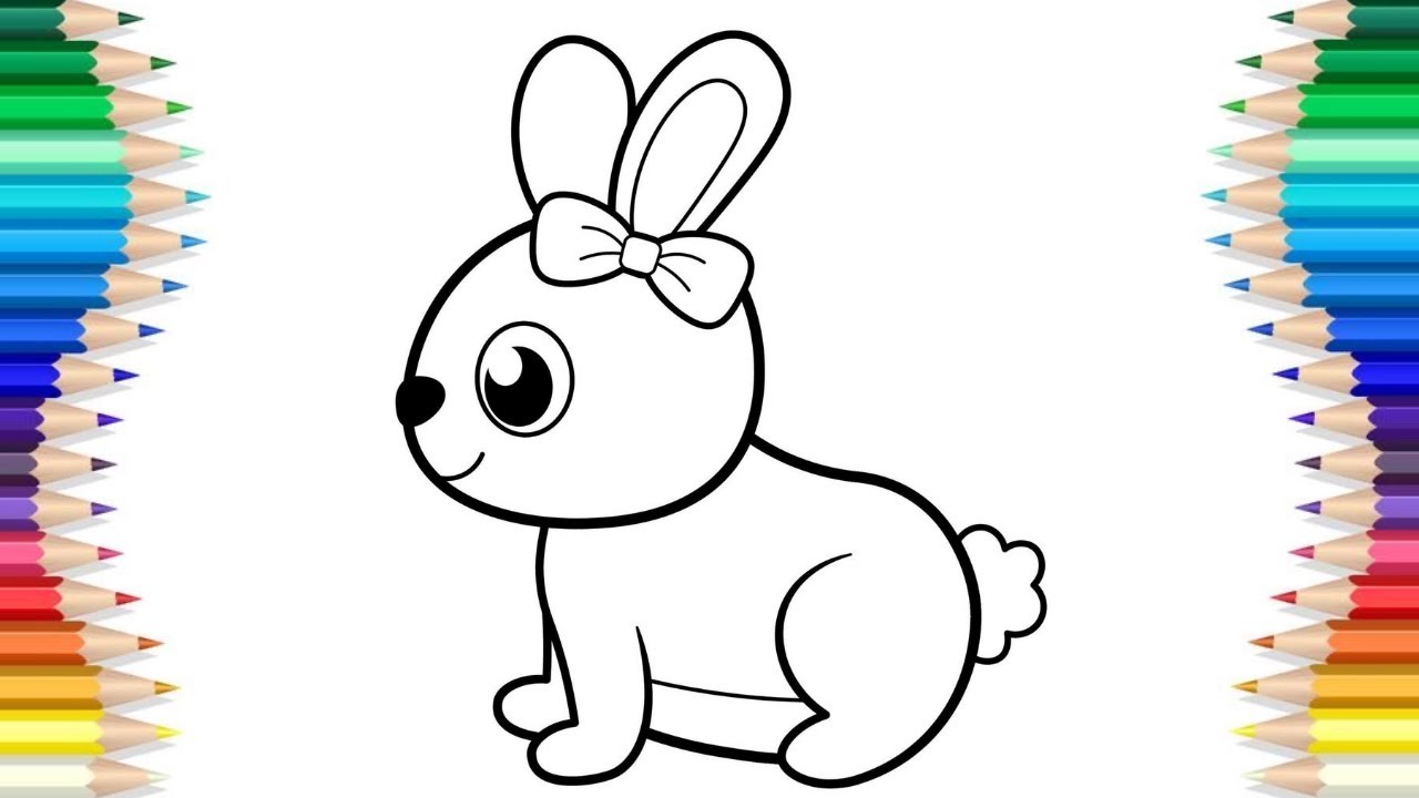 Cute Rabbit with Bow Drawing, Painting and Colouring for kids and ...